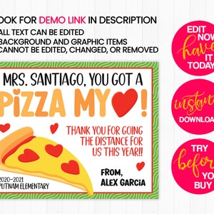 PRINTABLE Pizza My Heart Teacher Thank You Appreciation Editable Gift ...