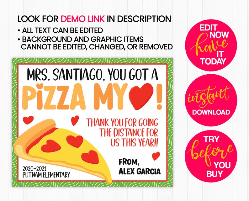 PRINTABLE Pizza My Heart Teacher Thank You Appreciation | Etsy
