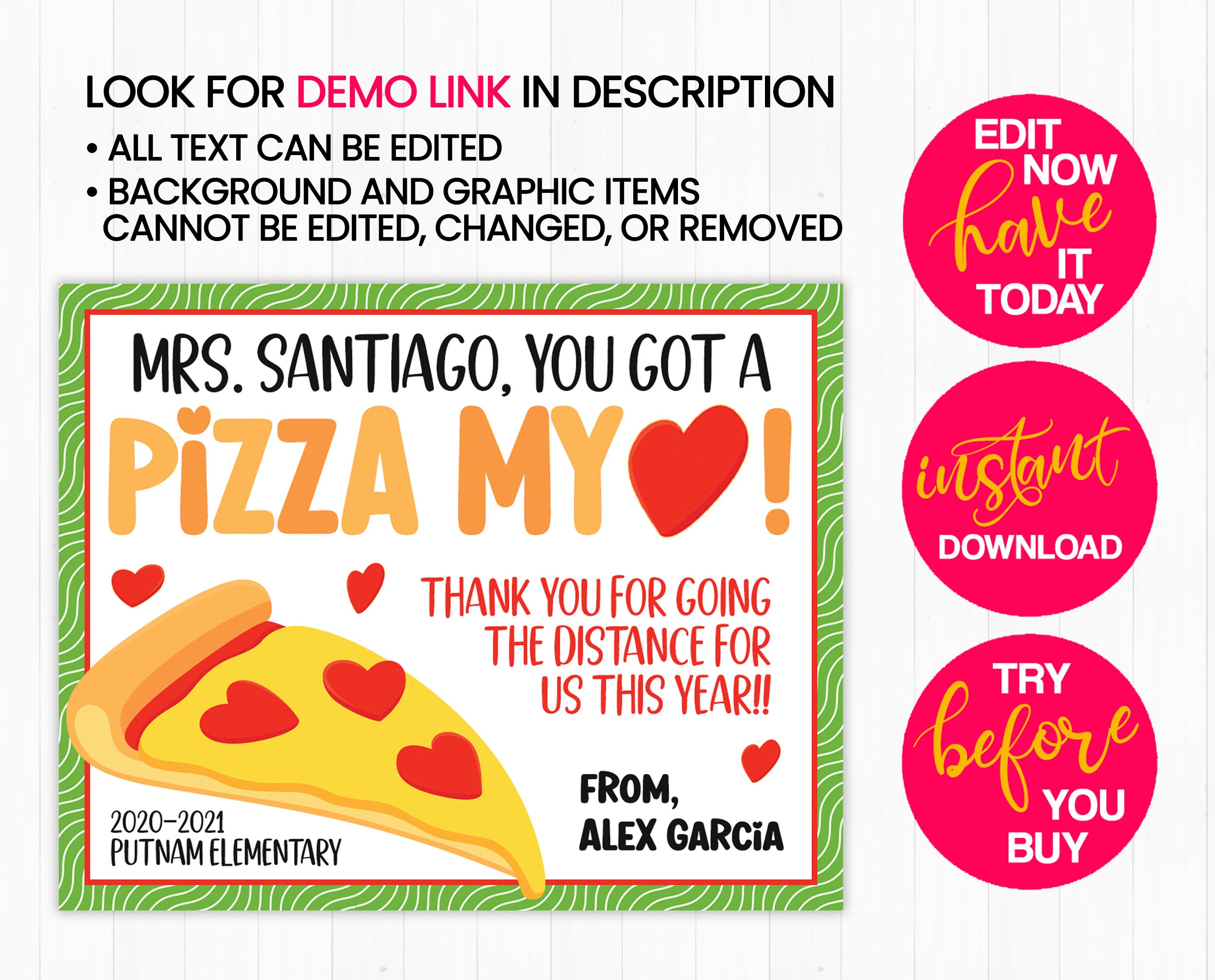 PRINTABLE Pizza My Heart Teacher Thank You Appreciation Editable Gift ...
