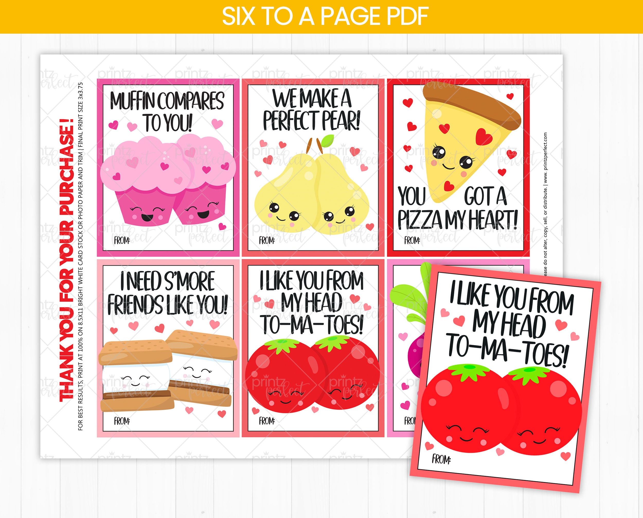PRINTABLE Kid's Classroom Valentines Cards | Set of 6 | Cute Food ...