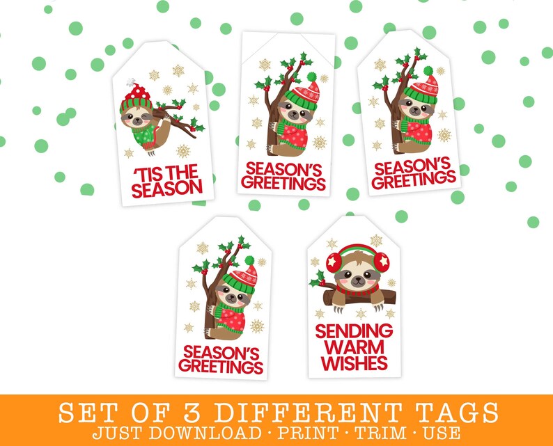 PRINTABLE Christmas Sloths Gift Tags Set of 5 Instant Download Gift ...
