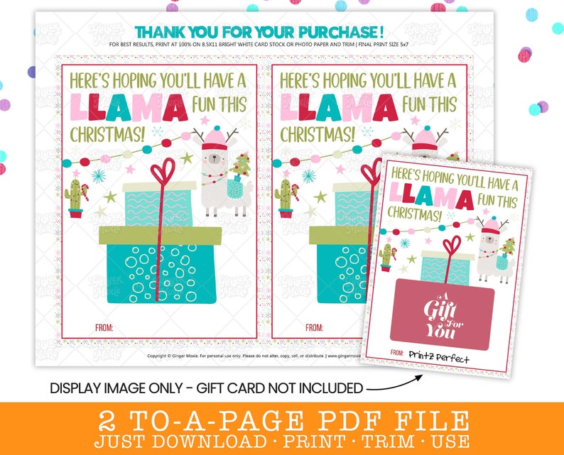 PRINTABLE Llama Fun Wishes Printable Christmas Gift Card Holder Box Tag ...