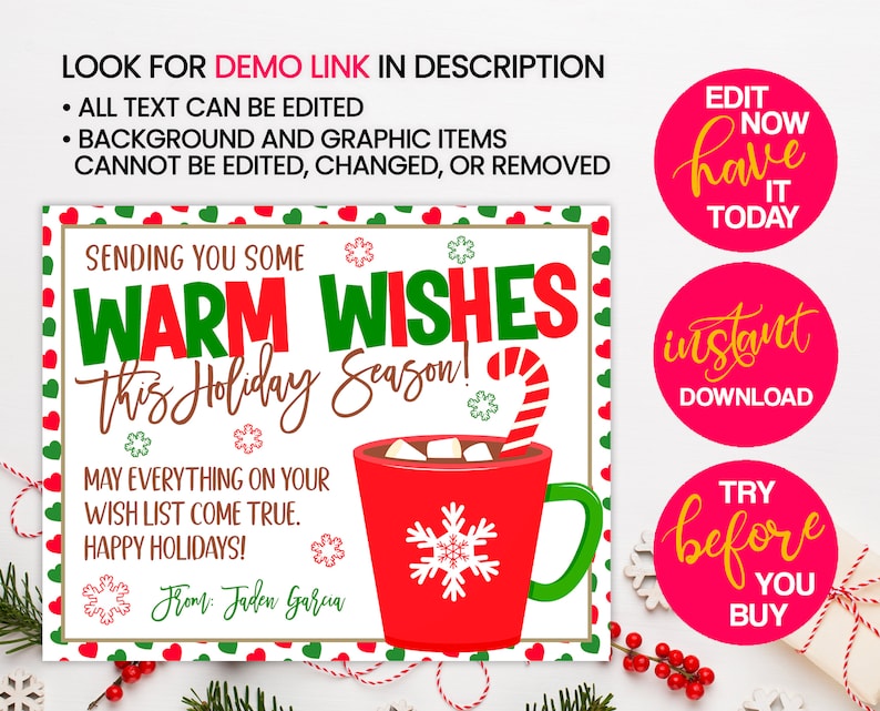 PRINTABLE Sending You Warm Wishes Editable Christmas Gift Tag | Etsy