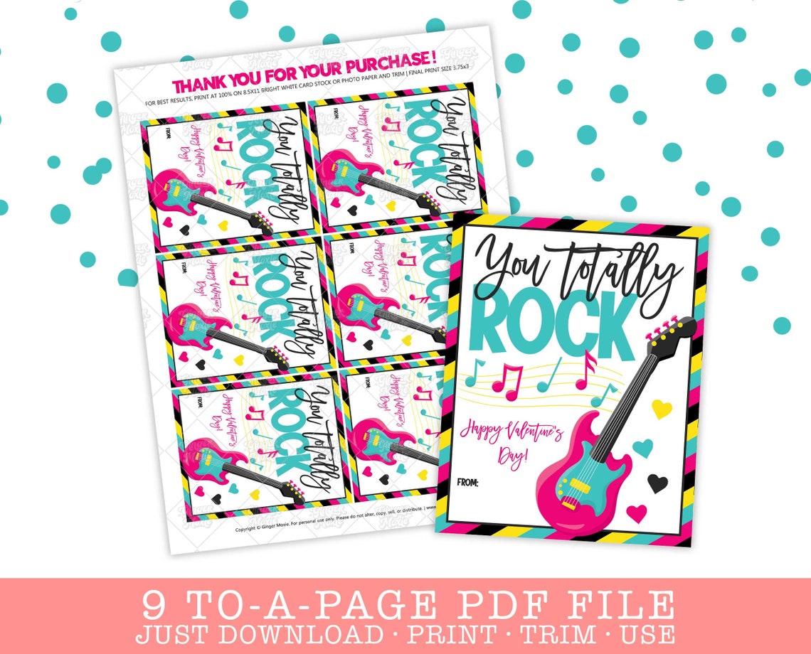 PRINTABLE Kid's Classroom Valentines Cards | You Rock Guitar Digital ...
