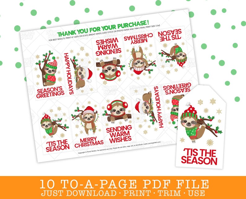 PRINTABLE Christmas Sloths Gift Tags Set of 5 Instant Download Gift ...
