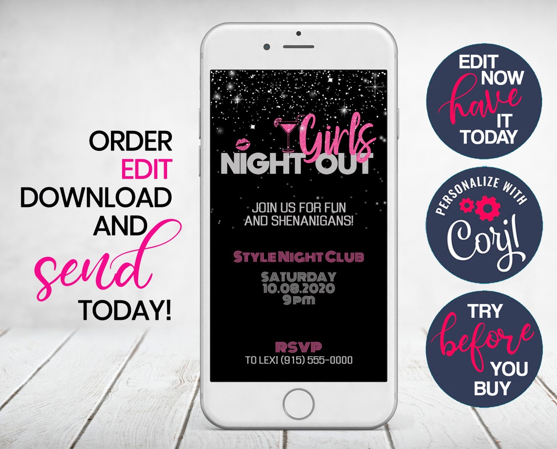 Girls Night Out Editable Digital Party Invitation GNO Red Black Gold ...