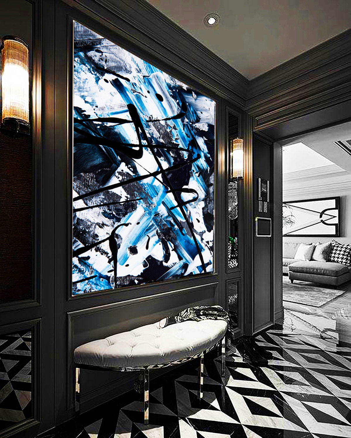 Black and blue abstract art Large wall art Jackson pollock | Etsy