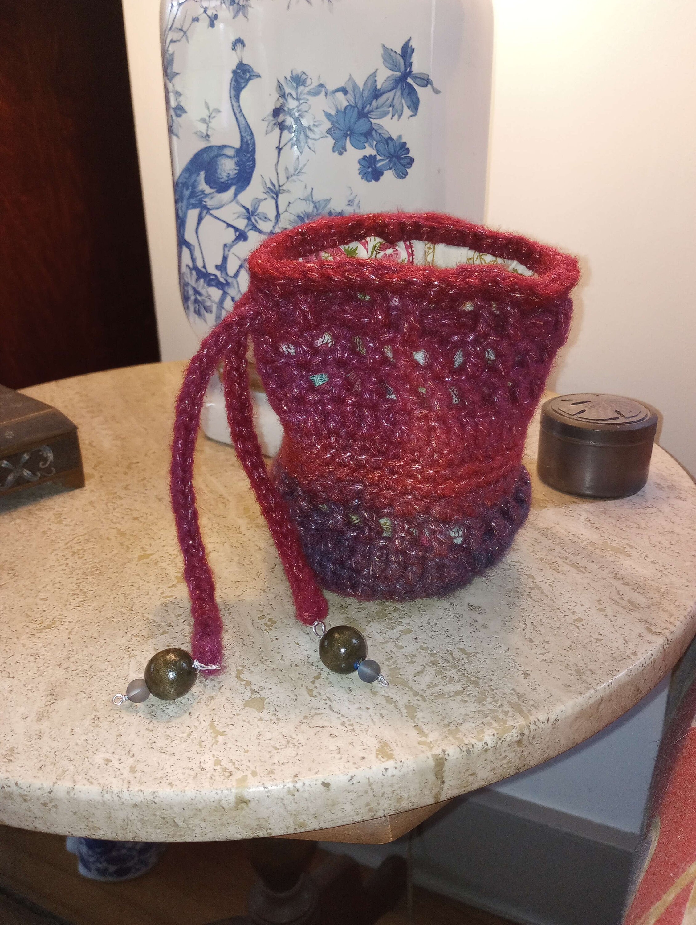 Crocheted Deep Red Maroon and Purple Drawstring Dice Bag / Jewelry Bag ...