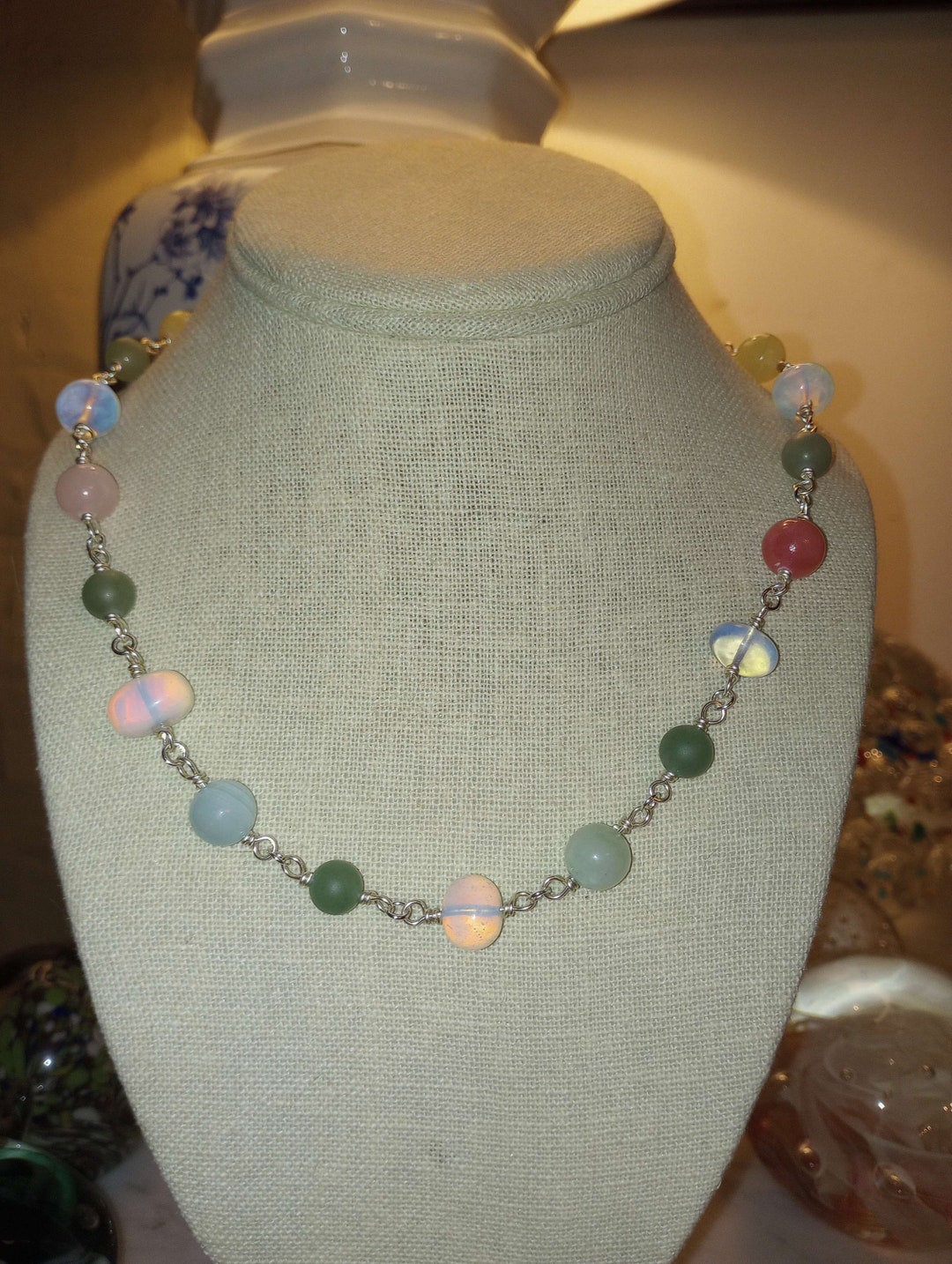 Pastel Quartz Aventurine and Glass Long Necklace - Etsy