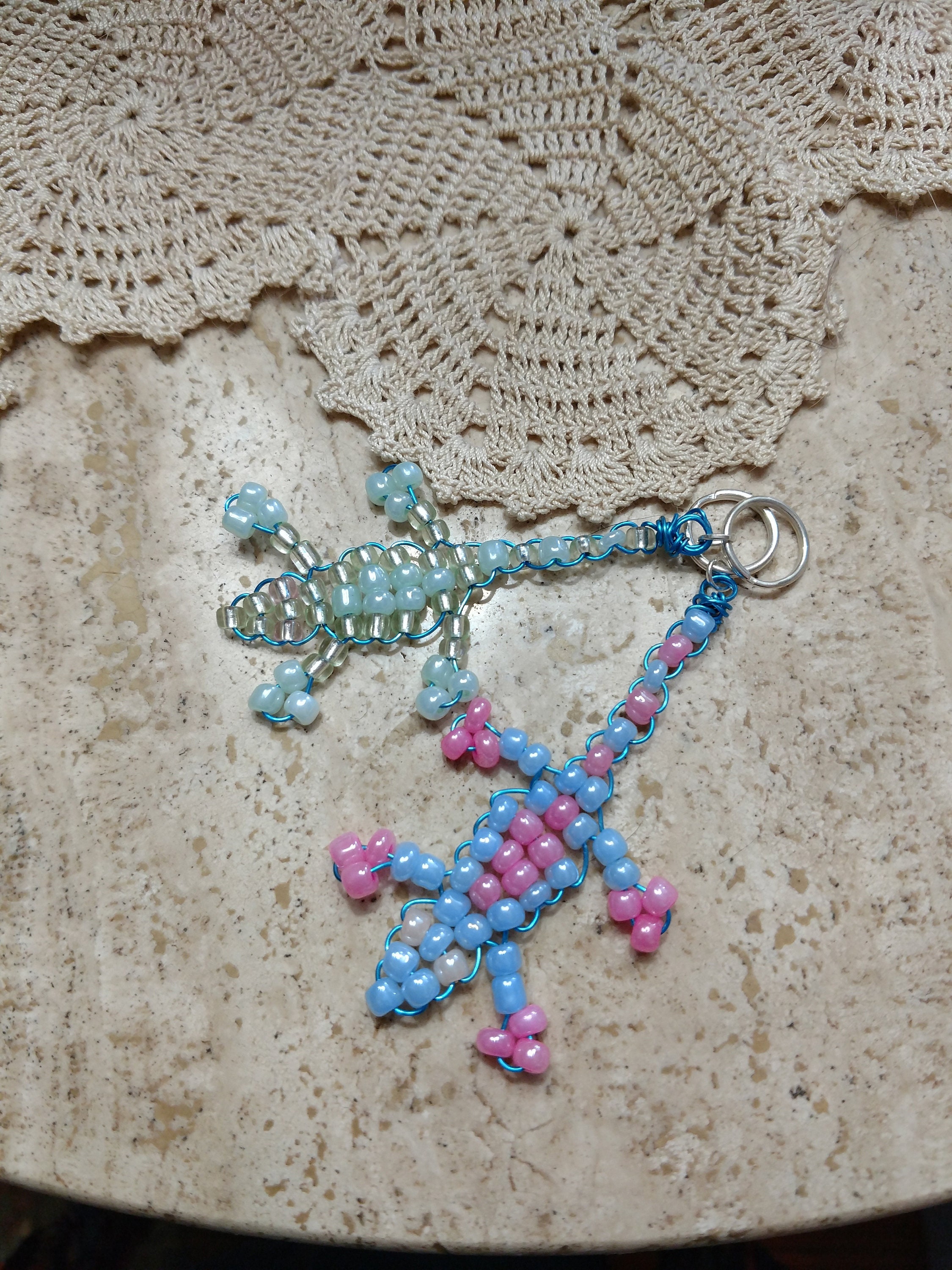 Blue and Pink & Yellow and Green Glass Bead Lizard Key Chains on Blue Copper Wire and Iron Mini ...