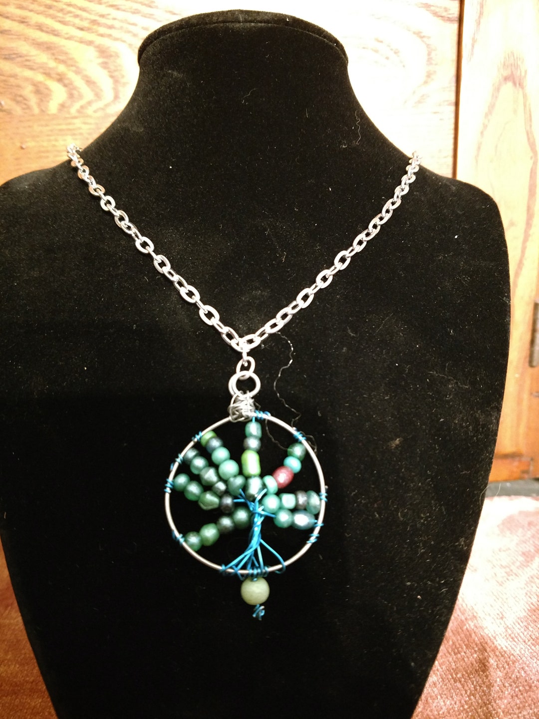 Silver / Blue / Green Beaded Tree of Life Pendant Necklace - Etsy