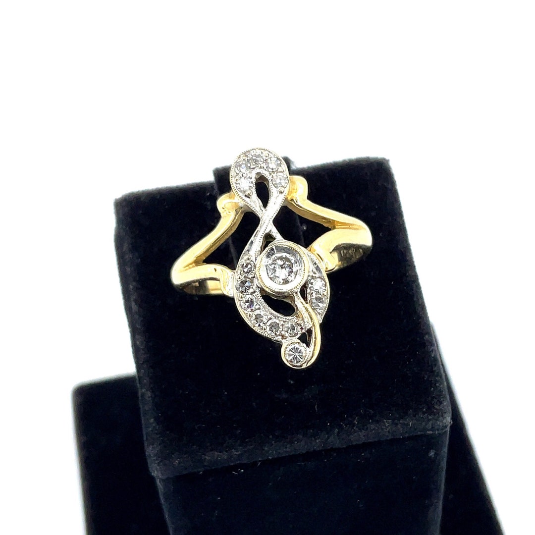 Vintage 14K Gold & Diamond Treble Clef Music Ring / Genuine Gold and ...