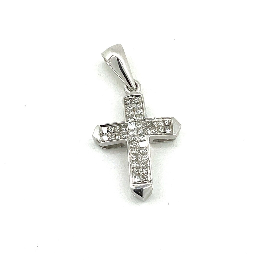 Diamond Encrusted White Gold Cross Pendant / 14K Gold / 0.60ct Natural ...