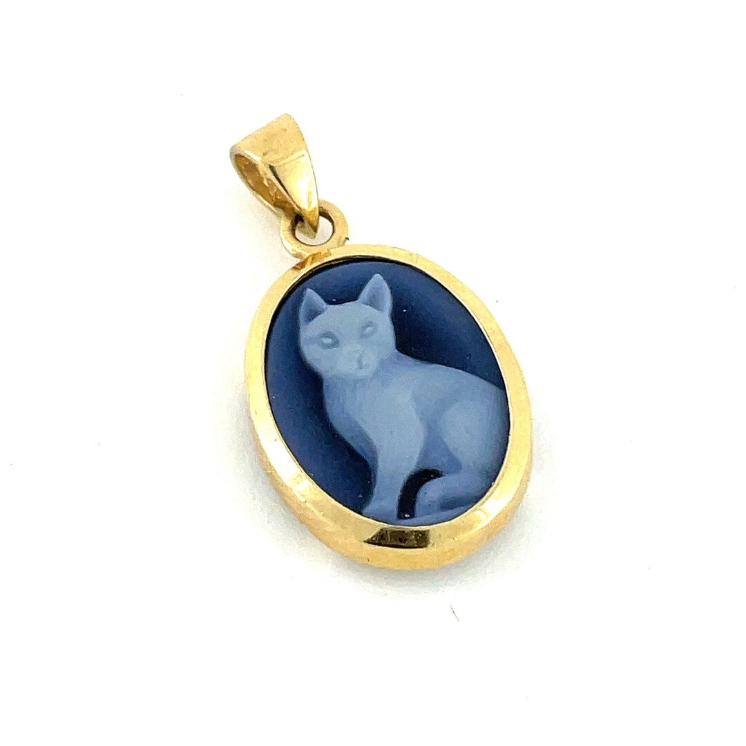 14K Gold Cat Cameo Pendant / Blue Cameo / Genuine Yellow Gold / Feline ...