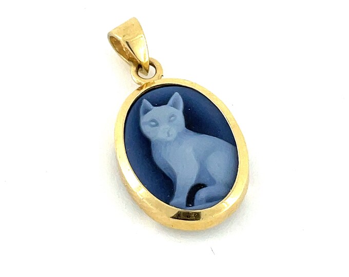 14K Gold Cat Cameo Pendant / Blue Cameo / Genuine Yellow Gold / Feline ...
