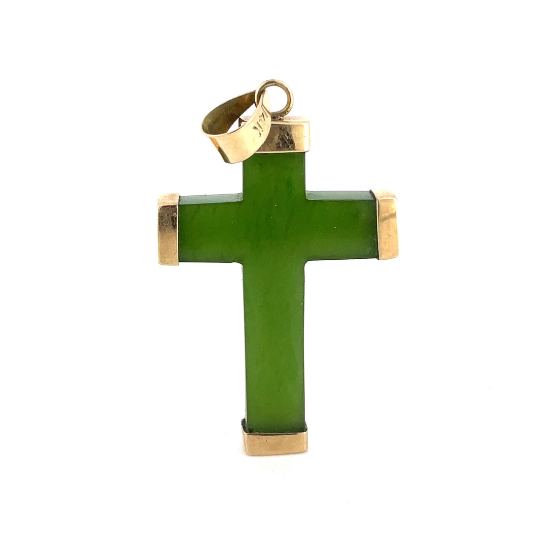 14K Gold Green Jade Cross Pendant / Genuine Gold and Jadeite / Jesus ...