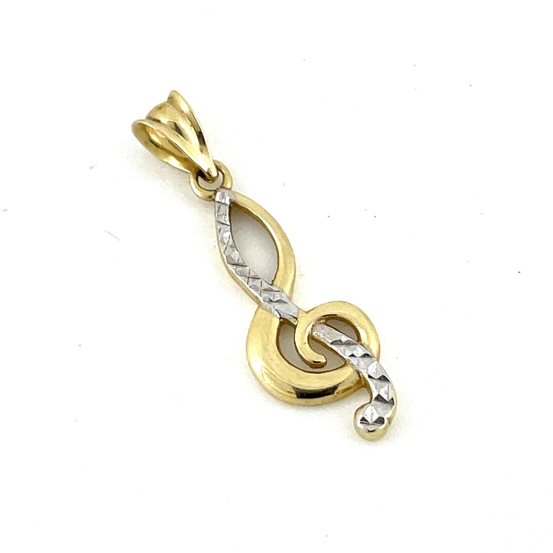 14K Gold Treble Clef Pendant / Genuine Yellow and White Gold / Two Tone ...