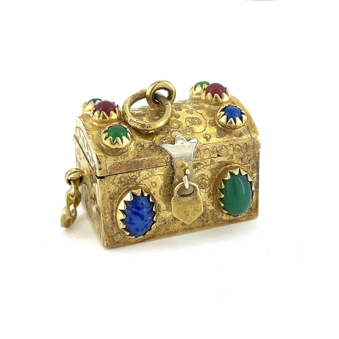 14K Gold Treasure Chest Pendant / Multi Colored Stones / Pirates ...
