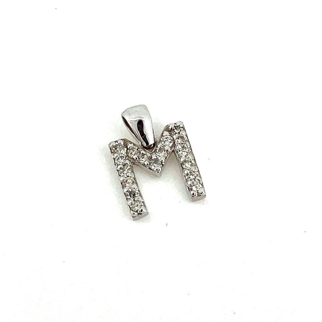 14K White Gold & Diamond M Pendant / Letter Initials Jewelry / Genuine ...