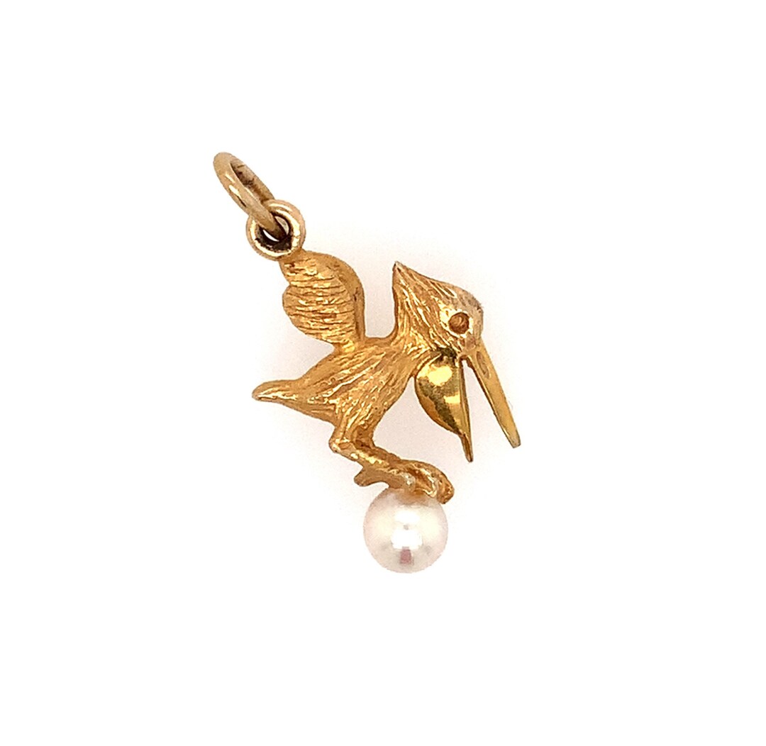 Vintage Gold Pelican & Pearl Pendant / Solid 14K Yellow Gold / VTG ...