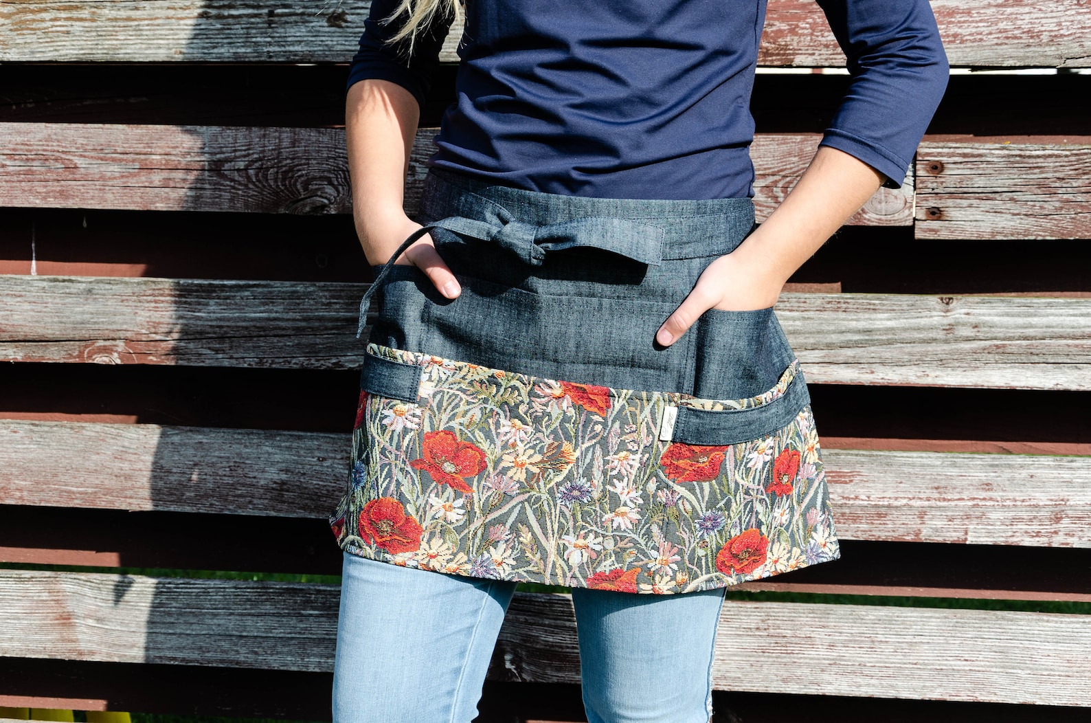 Garden Apron, Dark Denim Garden Apron for Woman With Poppy Patterns ...