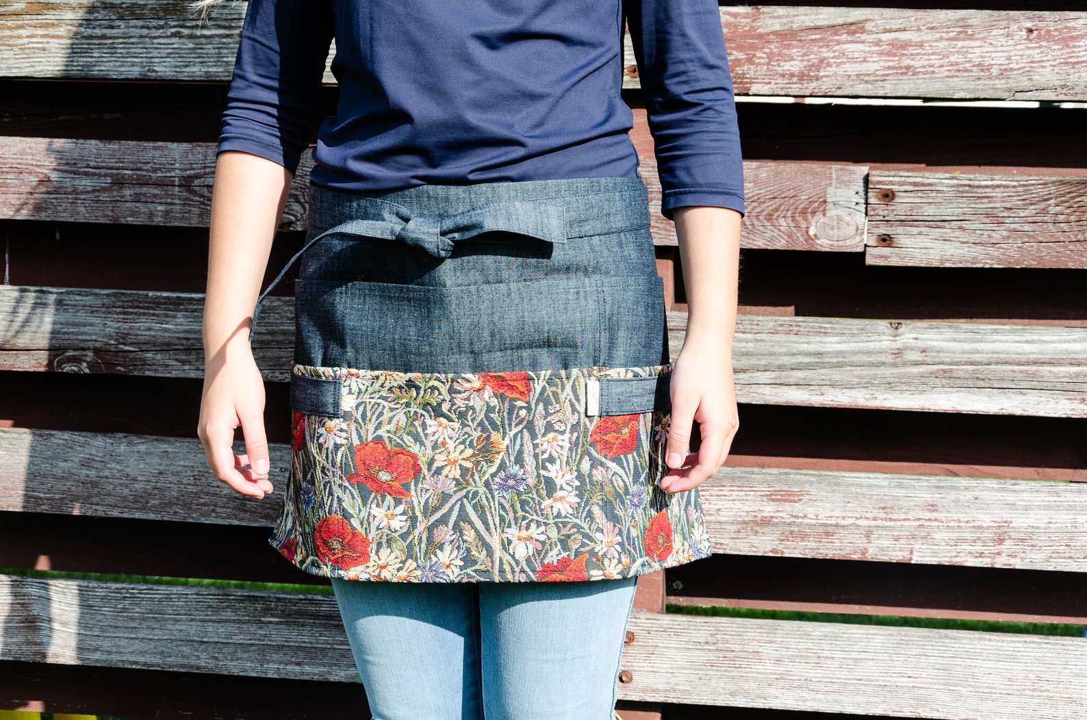 Garden Apron, Dark Denim Garden Apron for Woman With Poppy Patterns ...