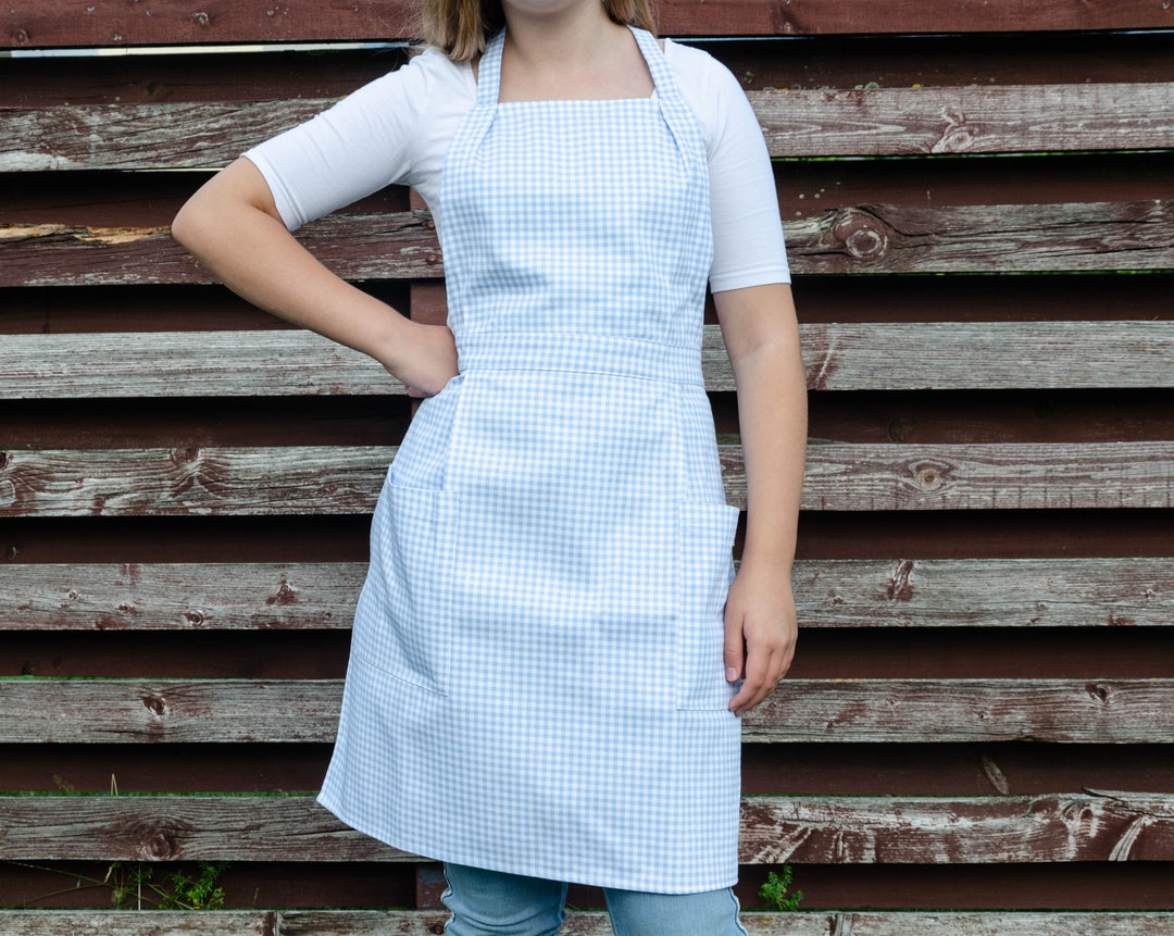 Aprons for Women. Blue Checked Full Kitchen Apron for Woman, Gingham ...