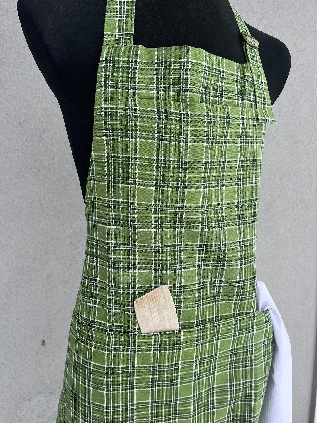 Green Tartan Print Full Apron With Multiple Pockets for Men, Grill ...