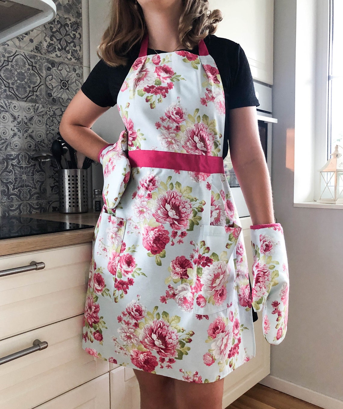 Farmhouse Apron and 2 Oven Mittens Set Woman Apron and 2 Oven - Etsy