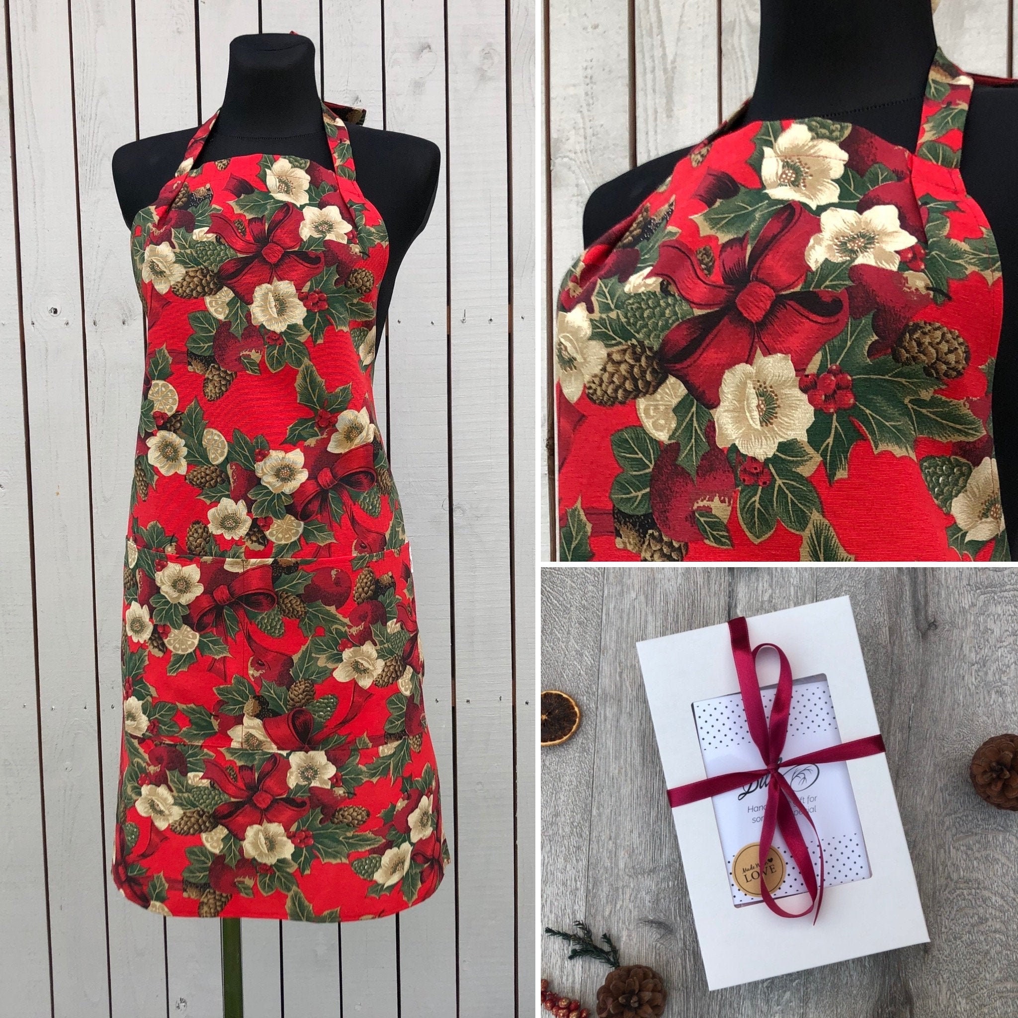 Aprons for women. Christmas print full red apron for woman | Etsy
