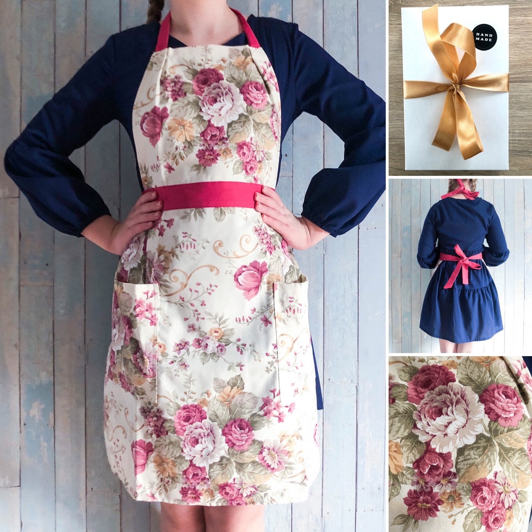 Festive Rose Print Full Apron for Women, Floral Apron With Pockets ...