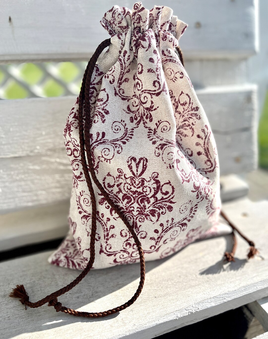 Red Damask Print Cotton Drawstring Bag, Christmas Gift Bag. Travel Bag ...