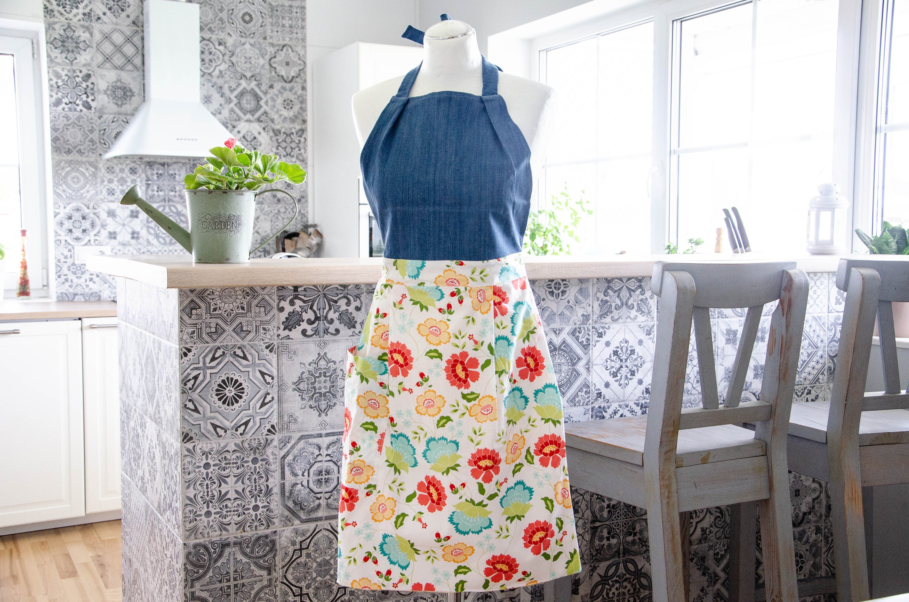 Country Style Denim Full Apron for Woman With Floral Patterns | Etsy