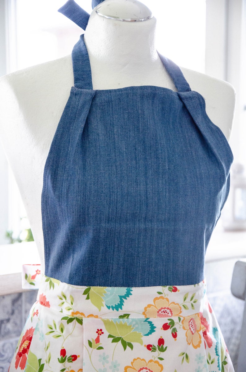 Country Style Denim Full Apron for Woman With Floral Patterns | Etsy