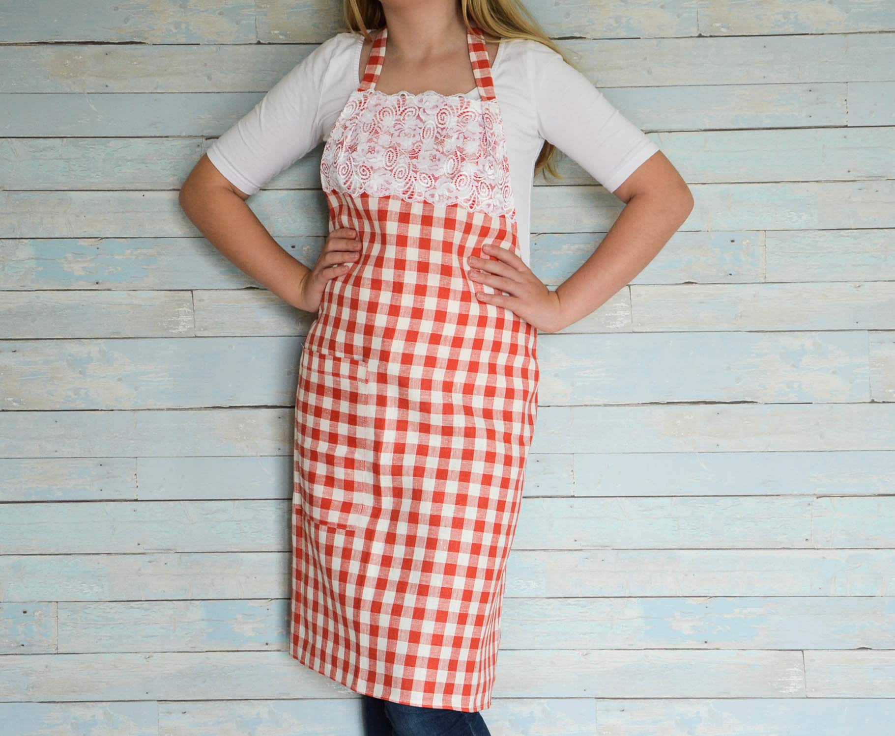 Red Gingham Full Apron for Woman With Lace Trim Decor - Etsy