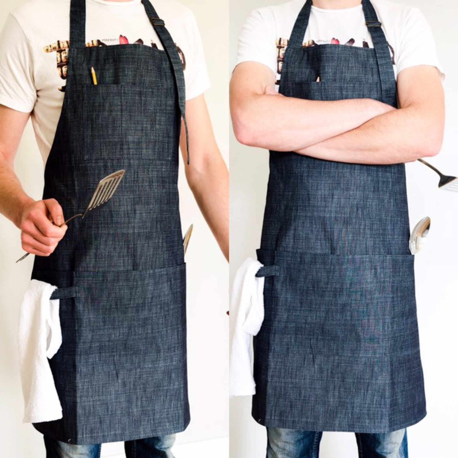 Dark Blue Denim Apron for Man With Multiple Pockets Grill | Etsy