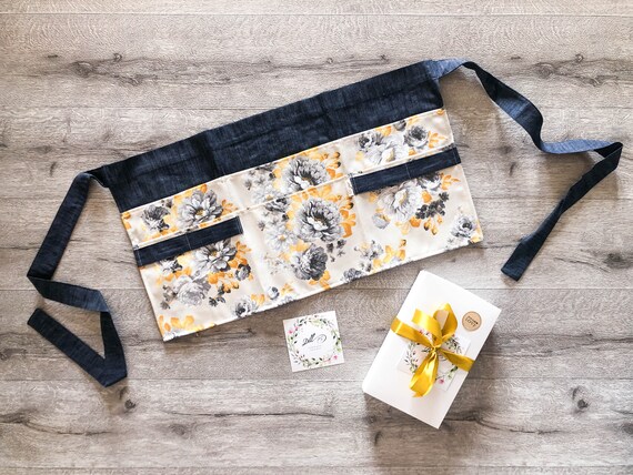 Garden apron denim garden apron for woman with yellow roses | Etsy