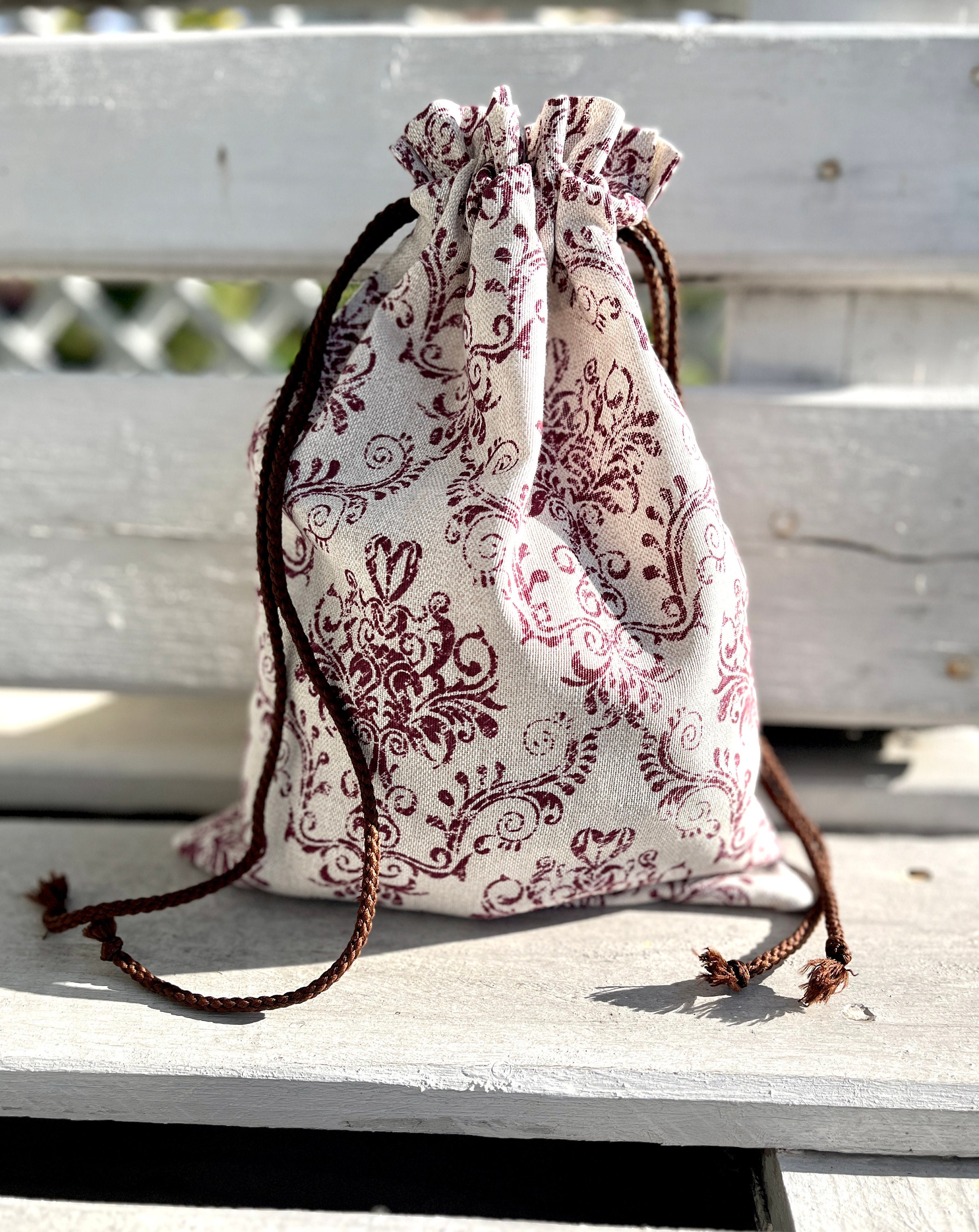 Red Damask Print Cotton Drawstring Bag, Christmas Gift Bag. Travel Bag ...
