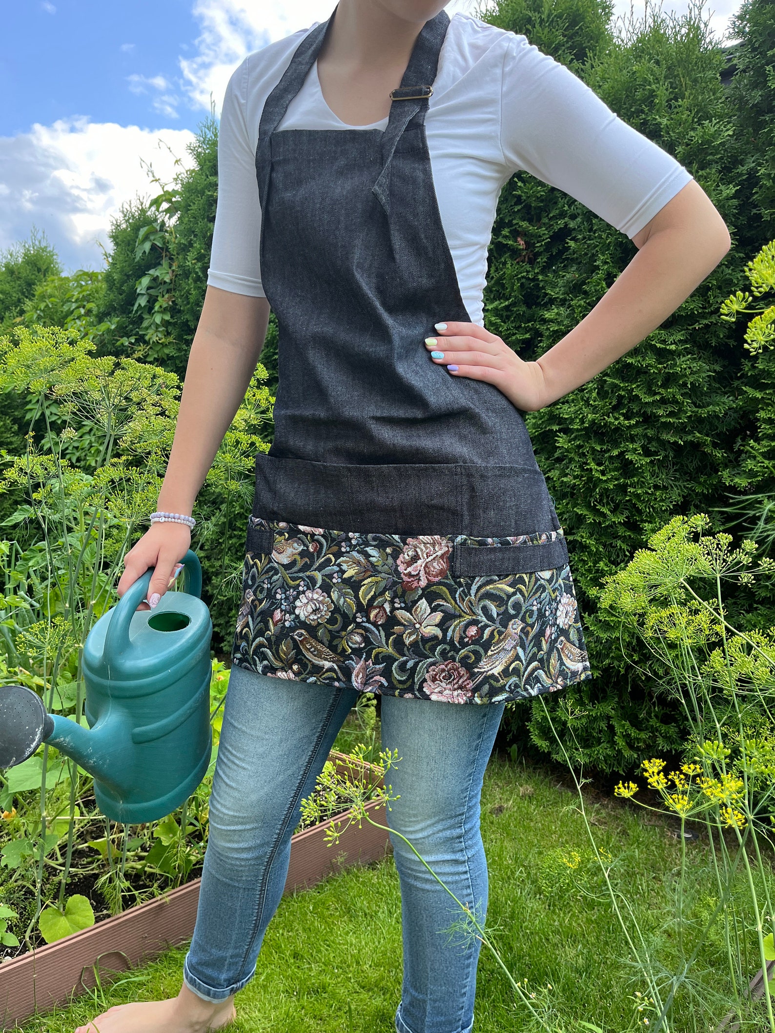 Full Length Garden Apron, Dark Denim Garden Apron for Woman With Floral ...