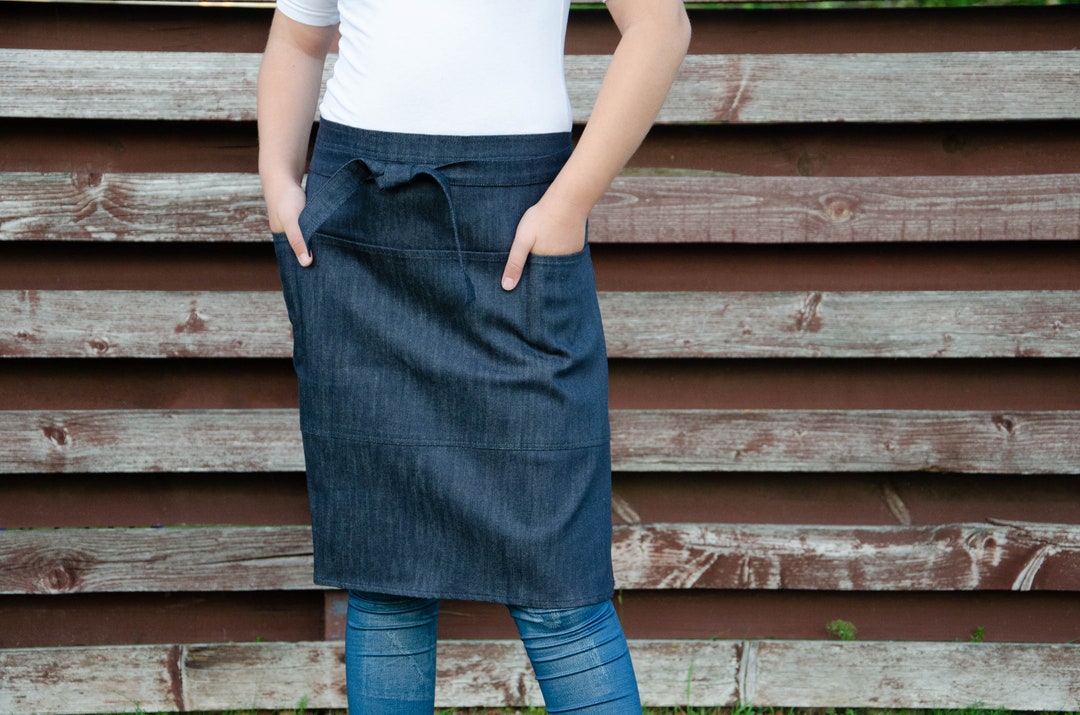 Dark Blue Denim Knee Length Unisex Half Apron With Pockets, Apron for ...