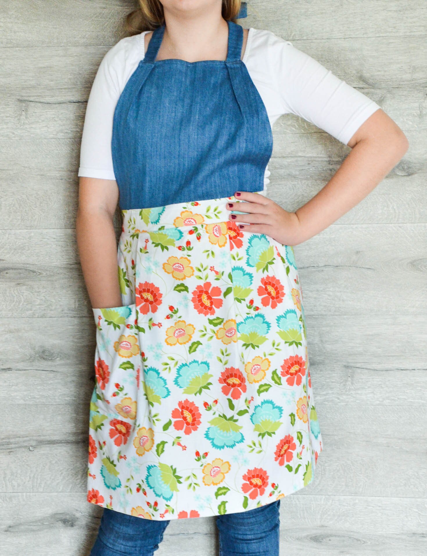 Country Style Denim Full Apron for Woman With Floral Patterns | Etsy