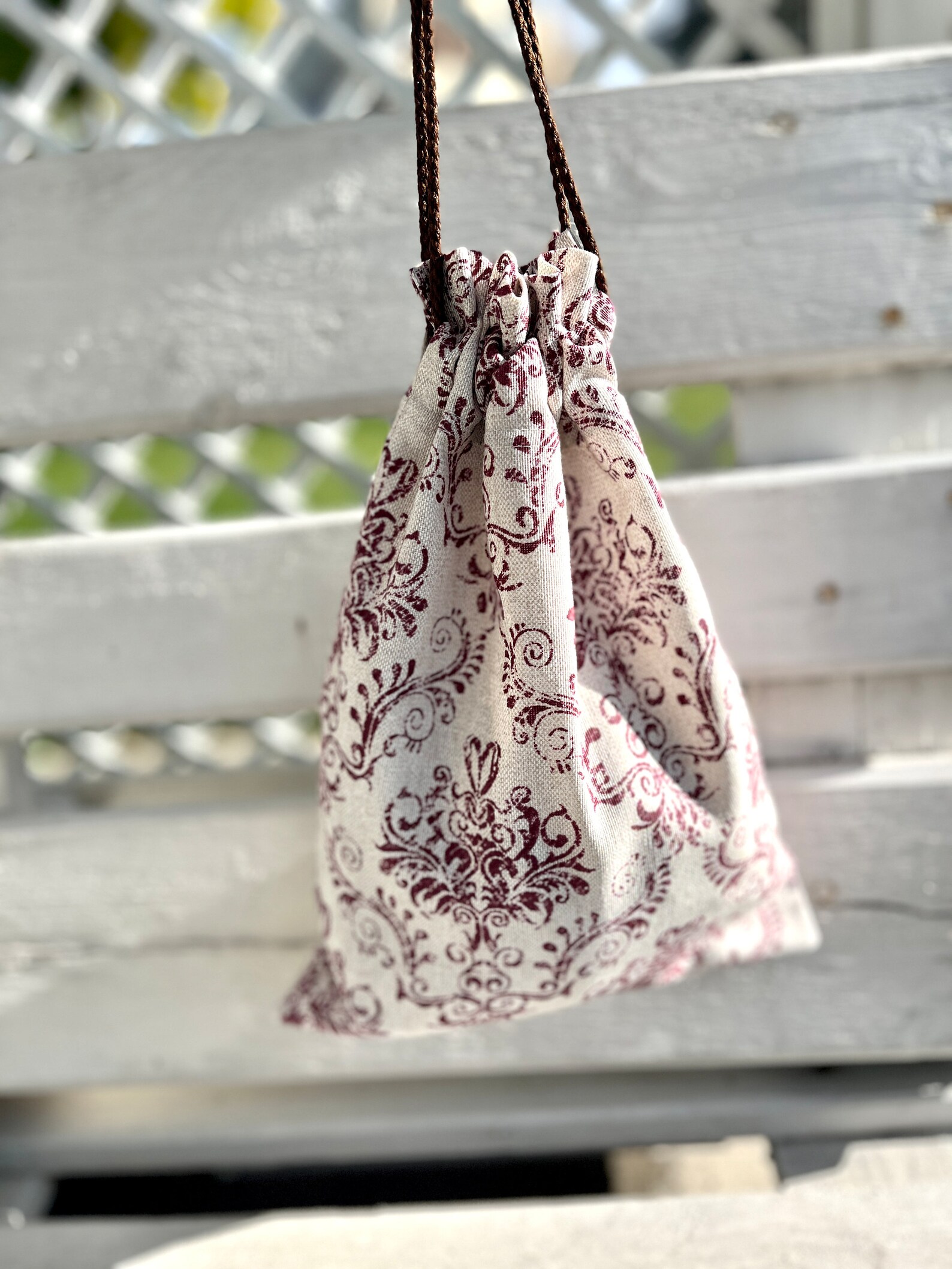 Red Damask Print Cotton Drawstring Bag, Christmas Gift Bag. Travel Bag ...