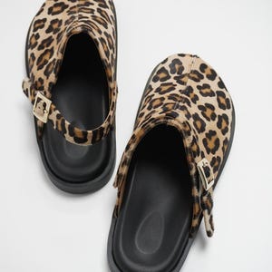 Leopard Print Pile Leather Women's Slip on Clogs, Platform Clogs With ...