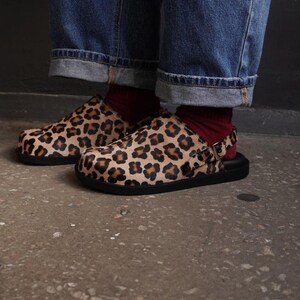 Leopard Print Pile Leather Women's Slip on Clogs, Platform Clogs With ...