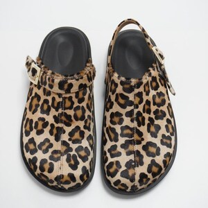 Leopard Print Pile Leather Women's Slip on Clogs, Platform Clogs With ...