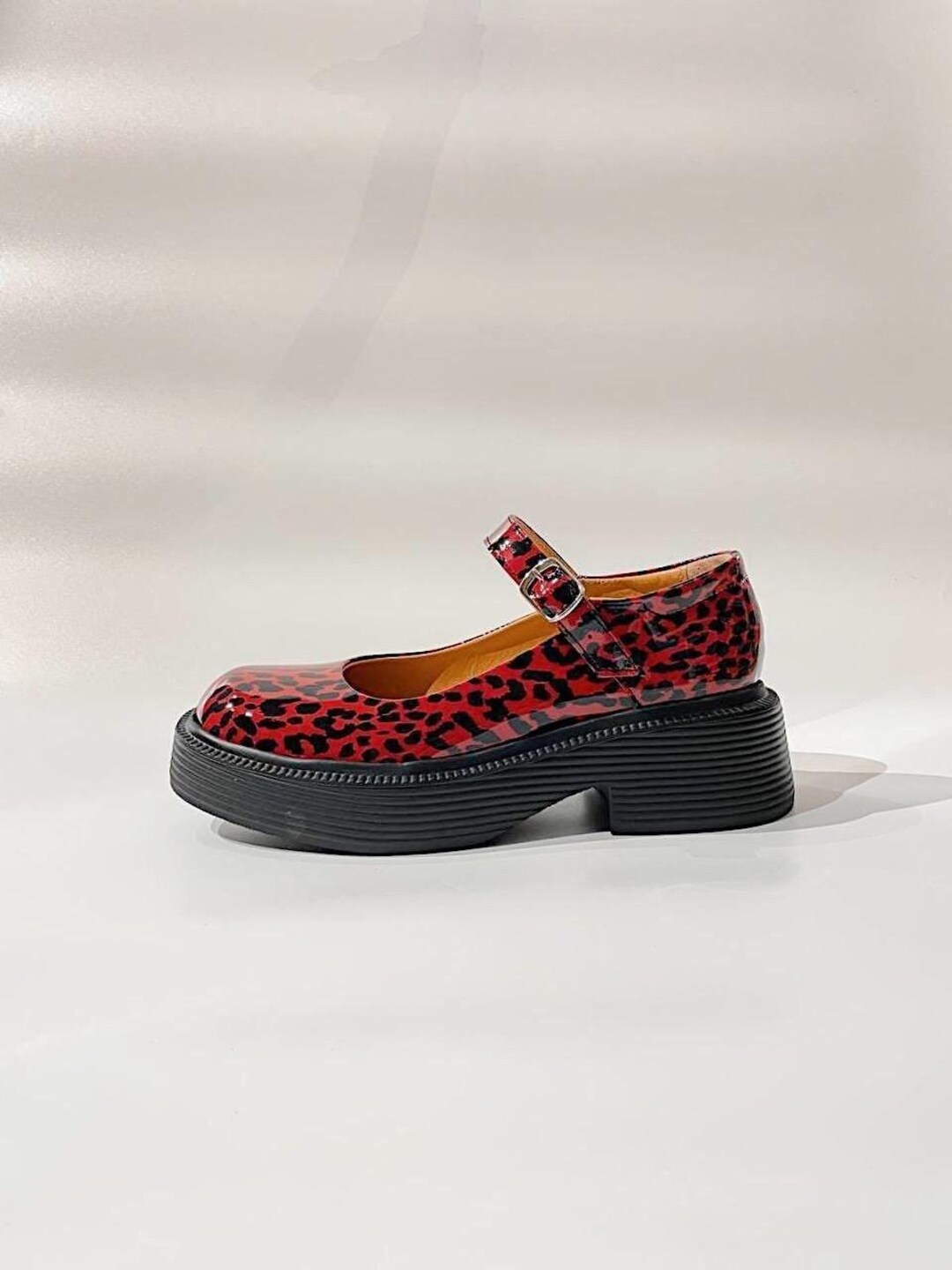Red Leather Leopard Pattern Platform Mary Janes Shoes, Low Heel Shoes ...