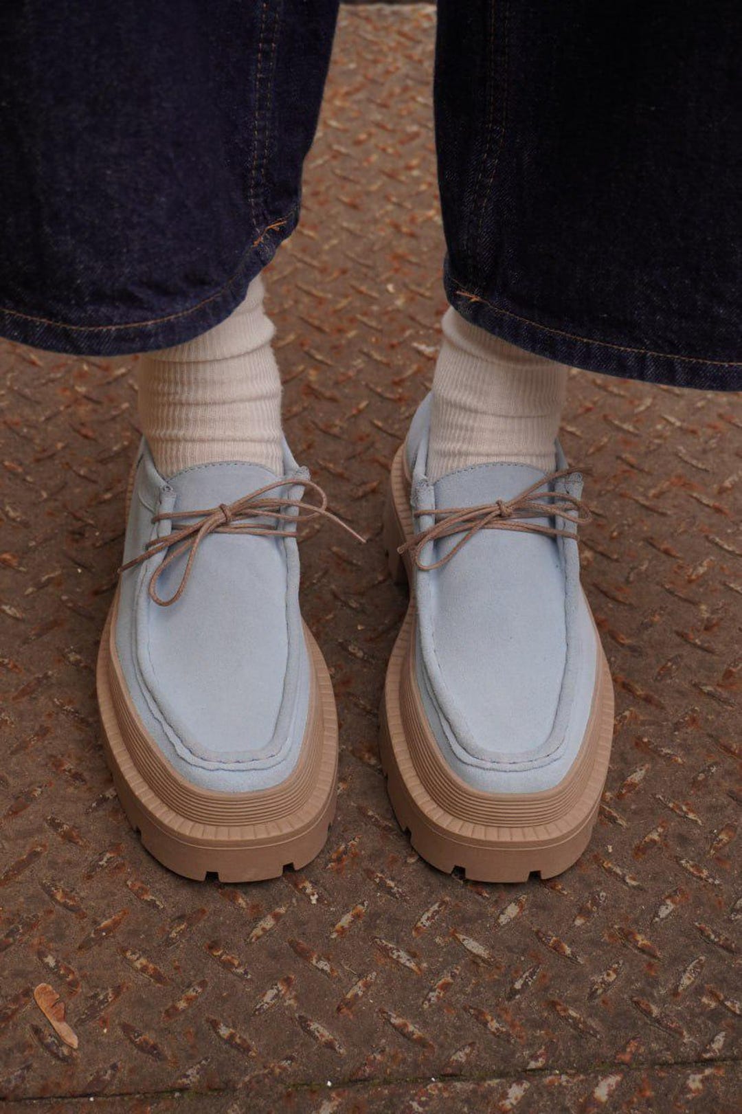 Light Blue Suede Leather Platform Shoes Women, Lacing Low Loafers ...