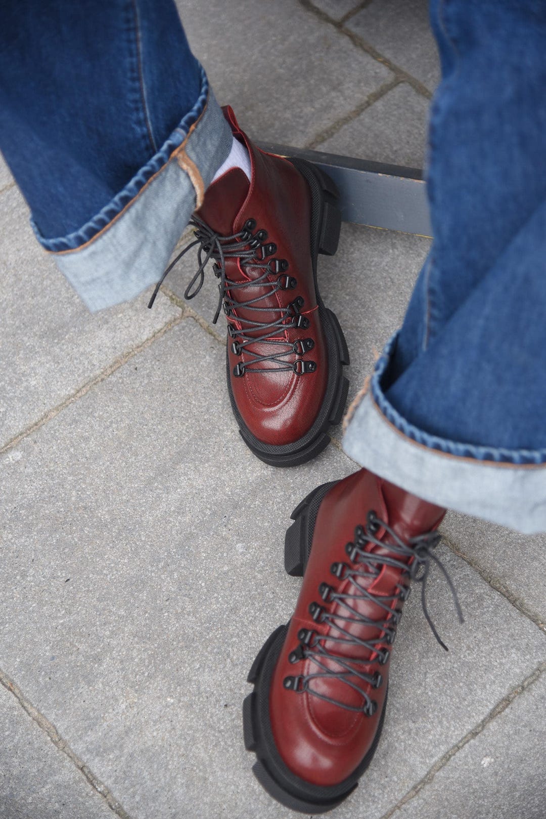 Red Leather Platform Combat Boots Round Toe With Ankle Wool Lining - Etsy