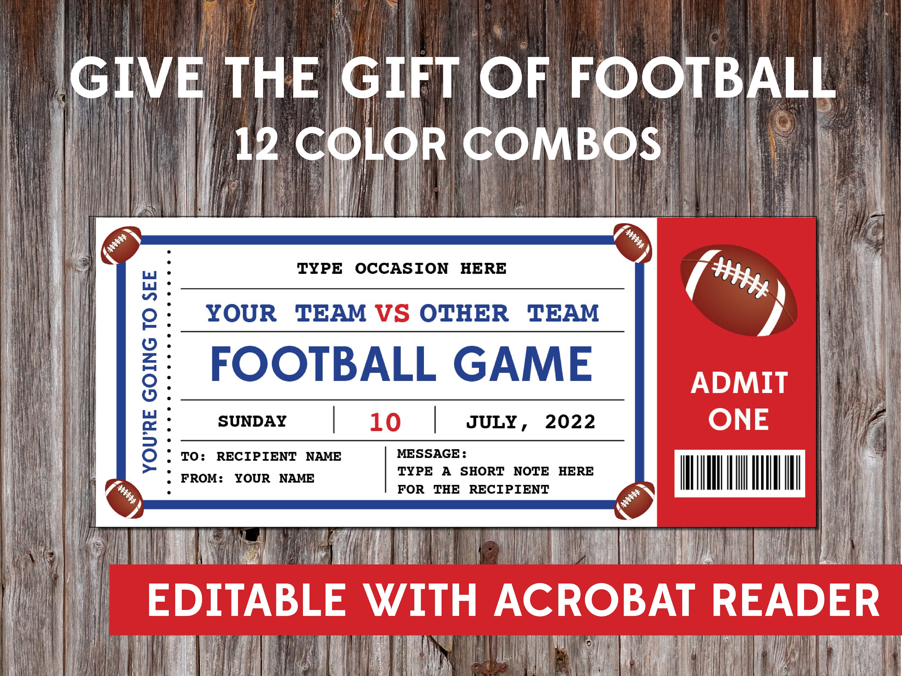 Football Ticket Invitation, Football Gift Certificate, Father's Day ...
