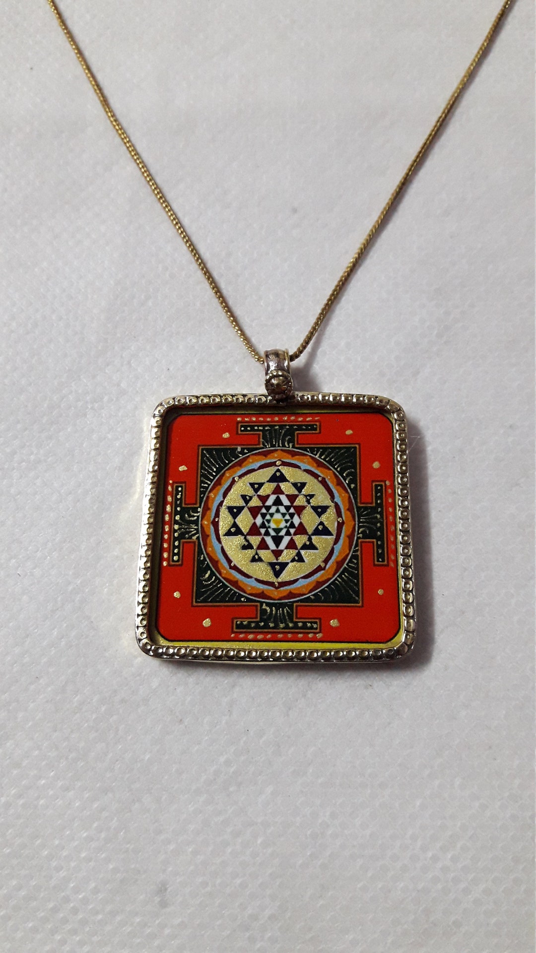 Handmade Laxmi Shree Yantra Pendant: Brass Framed Hindu Goddess Photo ...